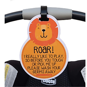 THREE LITTLE TOTS – Animal Theme No Touching Baby Car Seat Sign or Stroller Tag - CPSIA Safety Tested (Lion)