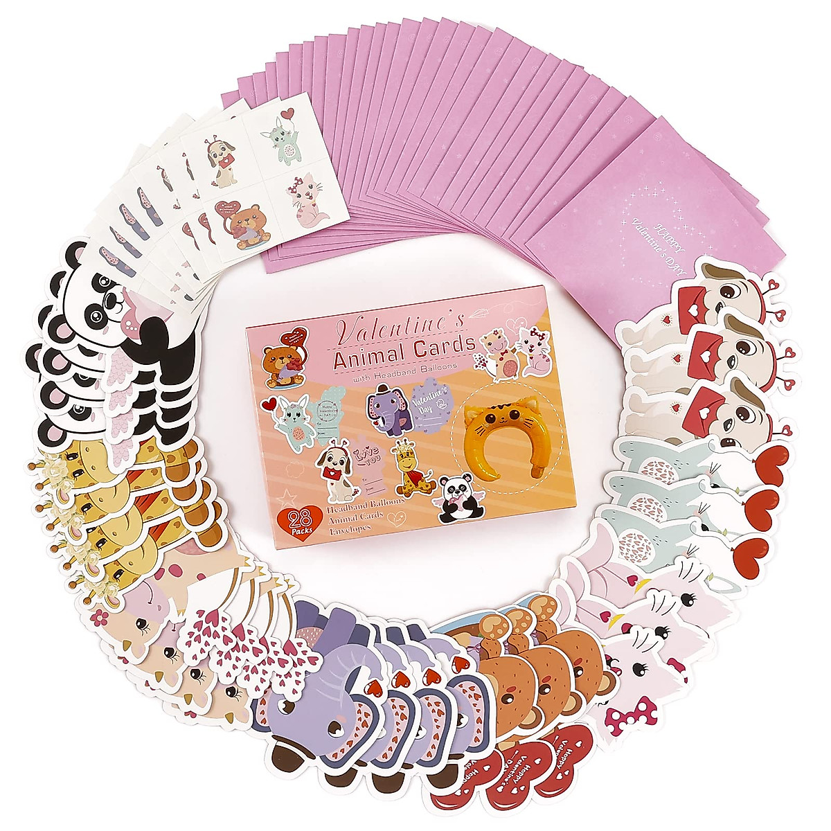 Valentines Day Cards For Kids - 28 Valentine Cards + 28 Inflatable Animal Headbands + 28 Gift Envelopes & Tattoos, Animal Greeting Cards Valentines Exchange Cards for Kids Boys Girls School Classroom