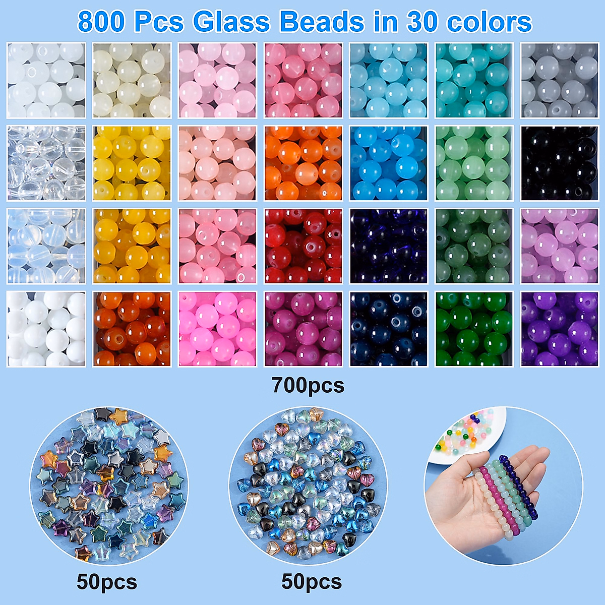 Biuthieny 800 pcs Glass Beads for Jewelry Making,28 Color 8mm Glass Crystal Beads with Glass Star Heart Spacer Beads for Crafts DIY Bracelet Earrings Necklace Making