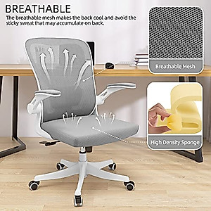 Monhey Office Chair - Ergonomic Office Chair with Lumbar Support & Flip Up Arms Home Office Desk Chairs Rockable Swivel High Back Computer Chair White Frame Grey Mesh Study Chair