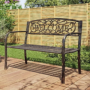 BELLEZE Outdoor Garden Bench, 50 inch Cast Iron Metal Loveseat Chairs with Armrests for Park, Yard, Porch, Lawn, Balcony, Backyard, Antique Patio Seat Furniture Welcome Design, Brown