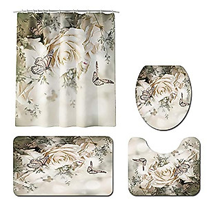 4Pcs Flower Shower Curtains Sets with Rugs Polyester Bathroom Shower Curtains Lid Toilet Cover Bath Mat Rug with Hooks Bathroom Accessory Sets 70"x70"(Roses and Butterflies)