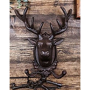 Ebros Cast Iron Vintage Heirloom Western Rustic Stag Deer Antlers Head Wall Double Hooks Decor Plaque 10.5"High Multi-Purpose Coats Hats Keys Scarves Belts Towels Pet Leashes Hangers Elk Antler Hook