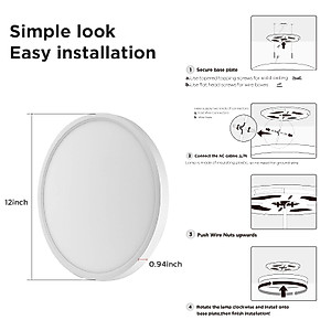 TALOYA Dimmable Flush Mount LED Ceiling Light,3 Color in One (3000K/4000K/6500K) White 12inch 20W=200W Round Flush Mount Light Fixture for Bedroom Kitchen