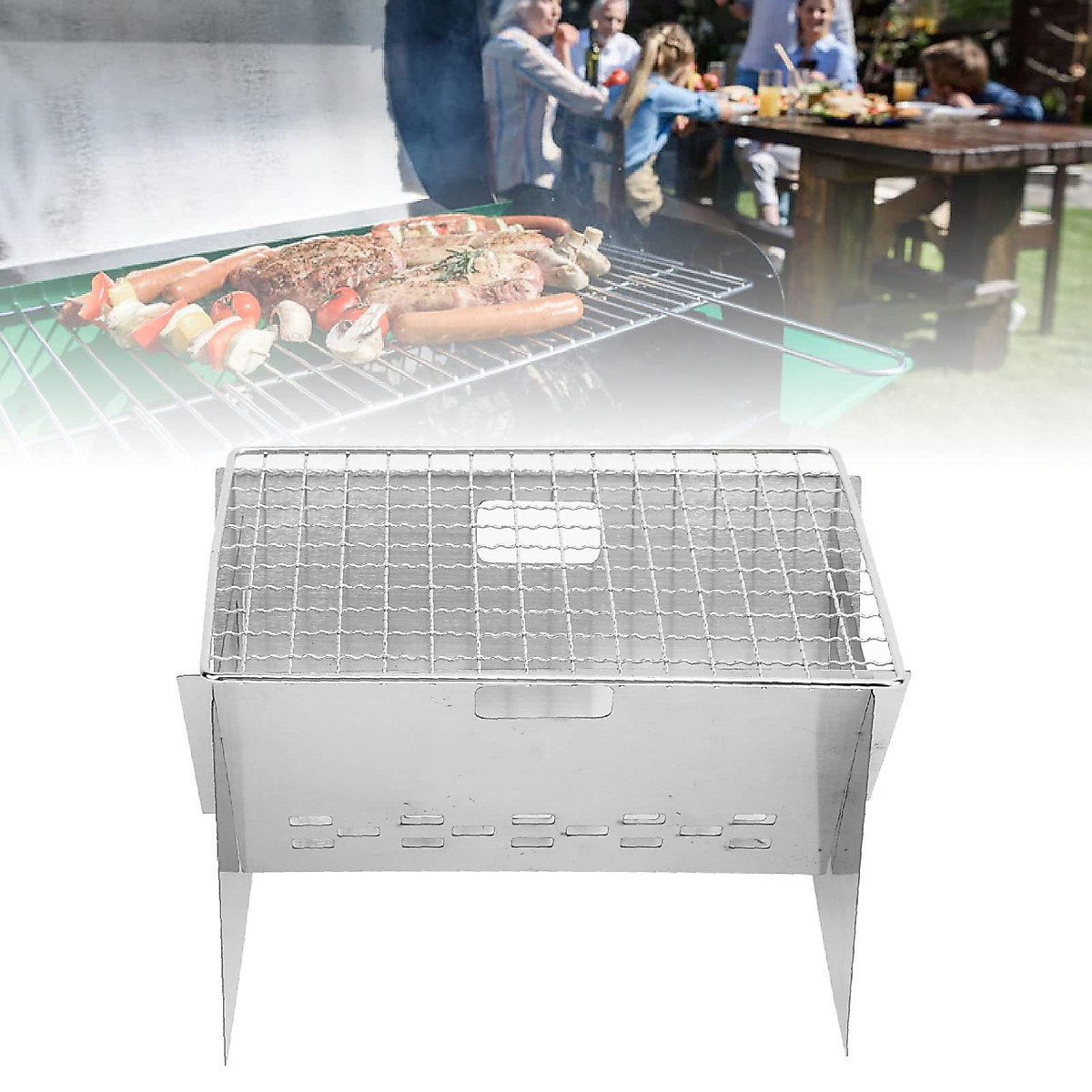 Stainless Steel Mini Grill Charcoal, Portable Charcoal Grill, Foldable Camping Barbecue Grill with Wind Inlet Design for Outdoor Cooking Camping Backyard Barbecue