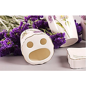 JruF Dandelion Love Ceramic 5 Piece Set Of Bathroom Accessories, Including Decorative Countertop Soap Box, Toothbrush Holder, Tumbler, Lotion Dispenser, Gift Box (Purple)