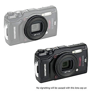 JJC LB-T01 Lens Cap Cover Protector for Olympus TG-7 TG7 TG-6 TG6 TG-5 TG5 TG-4 TG4 TG-3 TG3 TG-2 TG2 TG-1 TG1 Tough Waterproof Camera, Rotate to Open or Close Leaves, Made of ABS Materials - Black