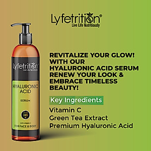 Lyfetrition Hyaluronic Acid Serum for Skin, Moisturizing and Hydrating Serum for All Types of Skin, 100% Natural Face Serum with Vitamin C & Aloe Vera (12 Fl Oz), Clear Serum, (Lyfe7581)