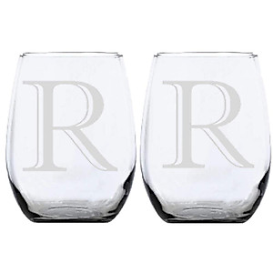 2pk Stemless Wine Glasses, Monogrammed Stemware, Personalized, Etched Glasses, Letter R