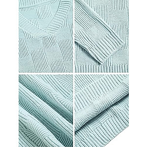 ZAFUL Womens V Neck Oversized Long Sleeve Sweaters Off Shoulder Square Textured Loose Knit Pullover Jumper Tops Blue L