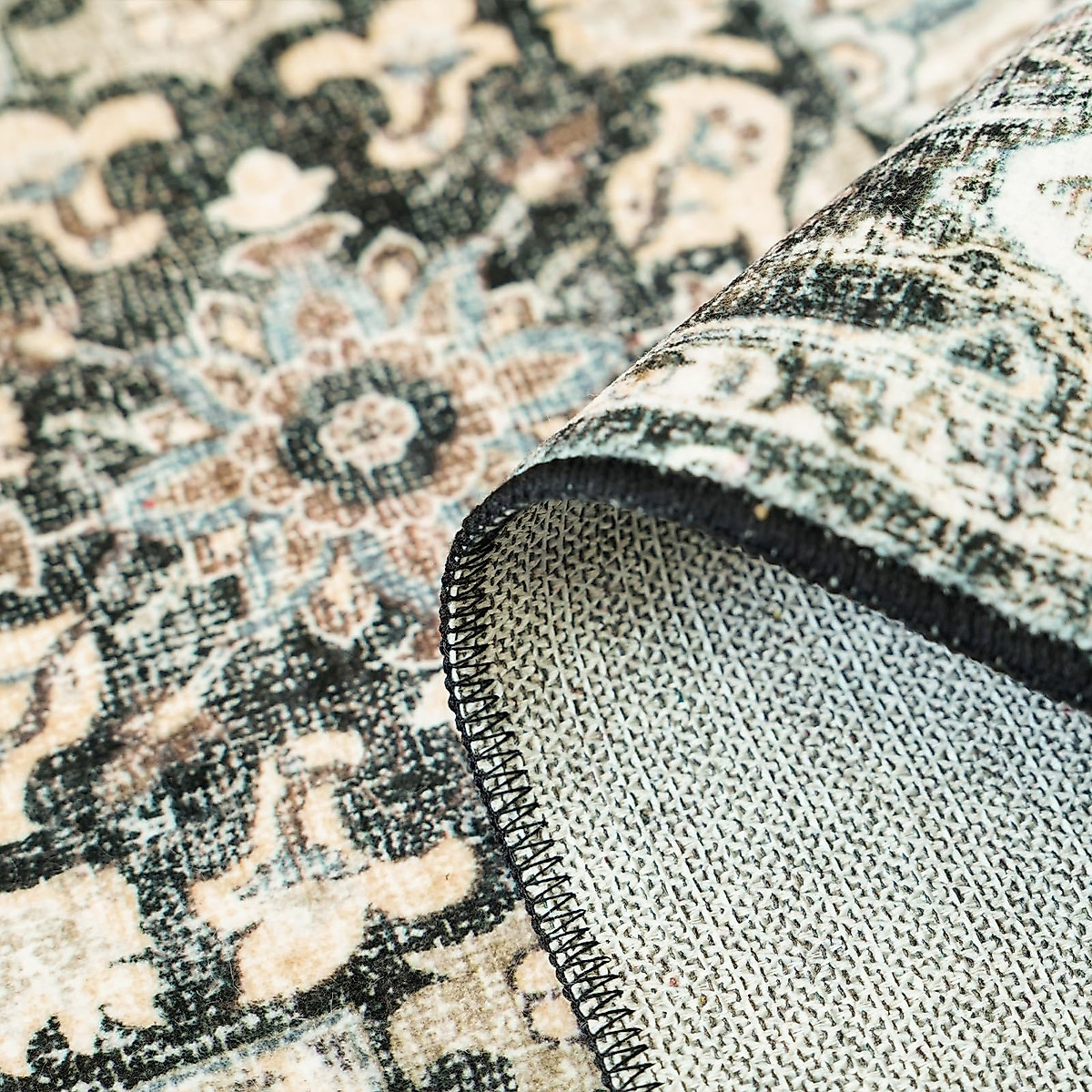 TOPRUUG Washable Oriental Area Rug - 9x12 Rugs for Living Room Soft Carpet for Bedroom Waterproof Floral Distressed Indoor Stain Resistant Non-Shedding Floor Carpets (Black/Grey, 9x12)