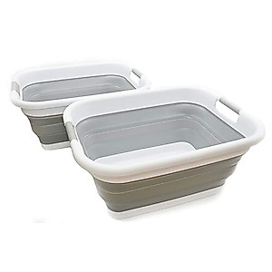 SAMMART 41L Set of 2 Collapsible Plastic Laundry Basket - Foldable Pop Up Storage Container/Organizer - Portable Washing Tub - Space Saving Hamper/Basket (2, White/Grey)
