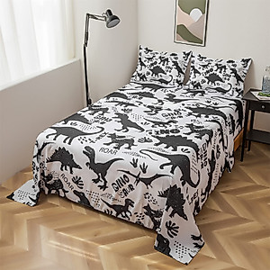 lishjekee Dinosaur Bed Sheets Twin Boys Dino Sheet Set Kids Jungle Bedding Set 3Pieces Black and White T-Rex Bed Sheet Set with 1 Pillowcase 1 Flat Sheet 1 Fitted Sheet