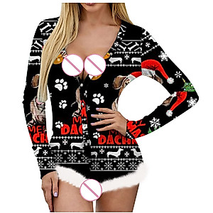 MEOILCE Women’s Christmas Bodysuit Lingerie for Sex Naughty Print Fuzzy Trim Teddy Babydoll Sexy Backless Exotic Pajamas(Black,M)