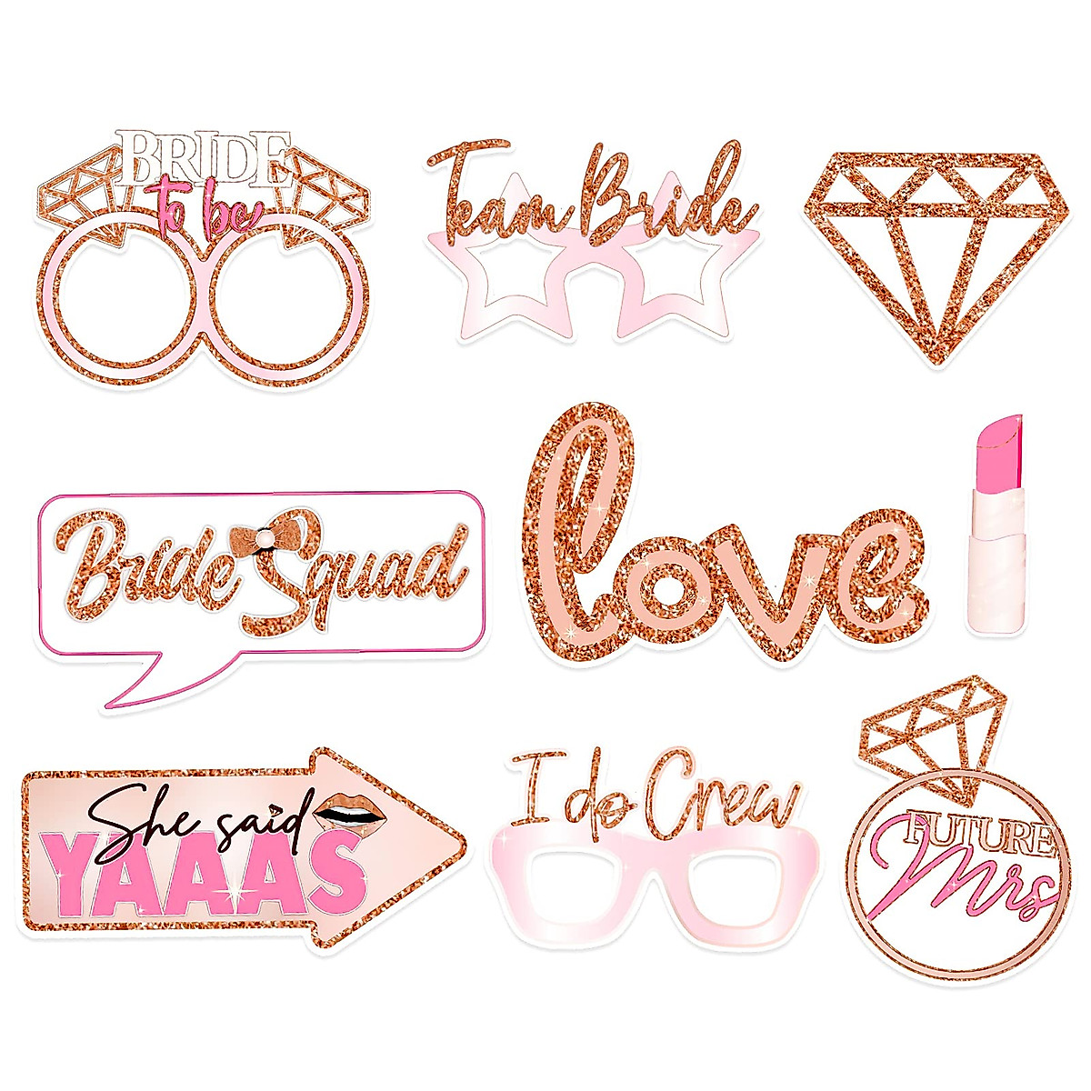 Qpout Bridal Shower Photo Booth Props Kit(21 Count), Rose Gold Wedding Hen Party Funny Selfie Props, Bride to Be Night Party Photo Props Decoration Accessories, with Bamboo Sticks& Stickers
