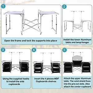 Seeutek Camping Kitchen Table Aluminum Portable Outdoor Cooking Table Foldable Camp Table with Windscreen and 3 Storage Cupboards Multifunctional for BBQ, Party and Outdoor Activities