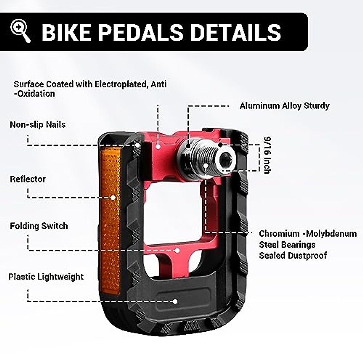 Himiway Folding Bike Pedals with Reflective Strips, Aluminum Alloy Bicycle Foldable Pedals, 9/16 inch Non-Slip Wide Platform Cycling Pedals for Folding Bike, BMX Bike, MTB Bike, Road Bike