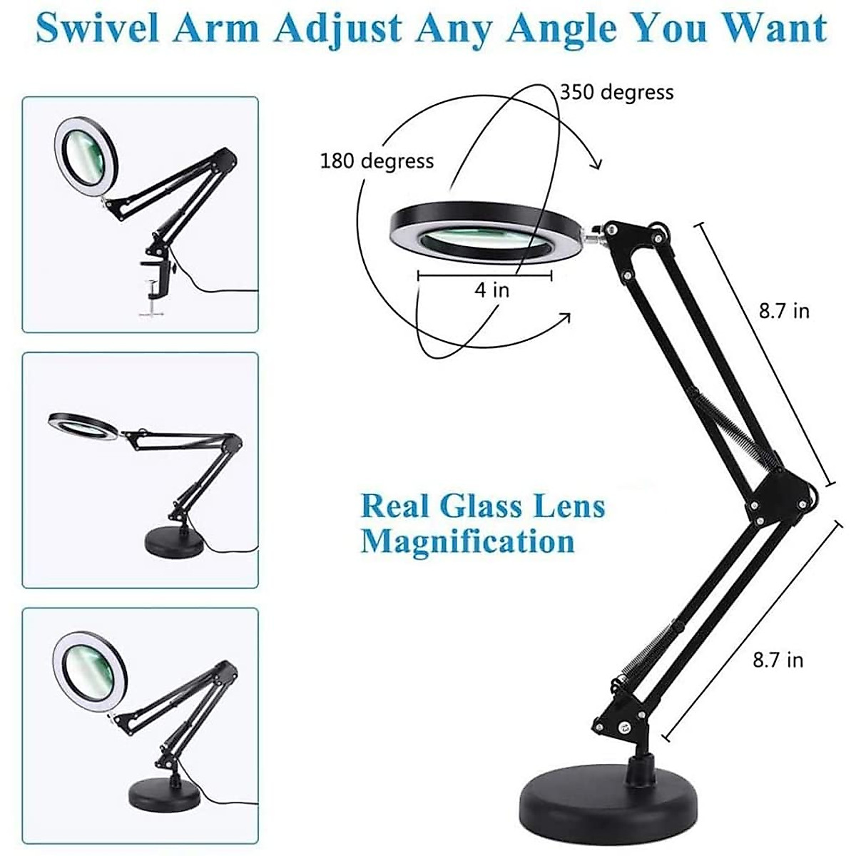 Dotlite Magnifying Glass with Light and Stand,2 in 1 Clamp 10X Magnifying Lamp, Craft Light Lamp Adjustable with 3 Color Modes LED Magnifier with Light for Reading Crafts Repair Close Work