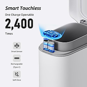 MOPALL Rechargeable Bathroom Trash Can,Motion Sensor Trash Can Automatic Touchless,White 3.5 Gallon Smart Garbage Can with Lid,Auto-Adsorption Slim Small Waste Basket for Bedroom,Bathroom,Kitchen
