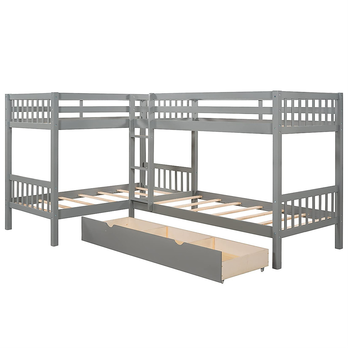 L-Shaped Bunk Bed with Drawers, Bunk Bed for 4 Twin Over Twin for Boys Girls Kids Teen Wood Quad Bunk Beds Frame, Gray
