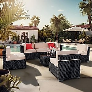 yoyomax 7 Piece Furniture Clearance, All-Weather PE Wicker Couch Sectional Sofa for Outdoor Backyard Poolside Balcony, Patio Conversation Set with Coffee Table, Khaki Cushion