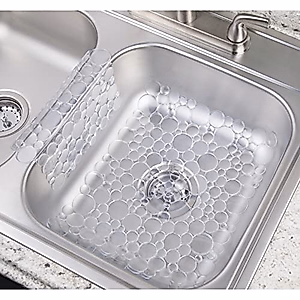 mDesign Decorative Kitchen Plastic Sink Protector Set, Quick Draining - Protect Surfaces and Dishes - Modern Bubble Design - Includes 1 Saddle, 2 Large Mats - Set of 3 - Clear
