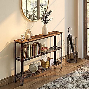 Rolanstar Console Table, Narrow Sofa Table with 2 Mesh Shelves, 47.2” Long Rustic Entryway Table with Retro Metal Frame, Entrance Table for Entryway, Hallway, Living Room, Bedroom