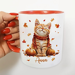 Hyturtle Personalized Fall Cat Mug - Cat Gifts For Women - Autumn Cat Gift For Cat Lovers - Fall Gift - Fall Autumn Decor Gift - Cat Gifts - Pet Gifts - Custom Name Coffee Cup Ceramic Mug 11oz - 15oz