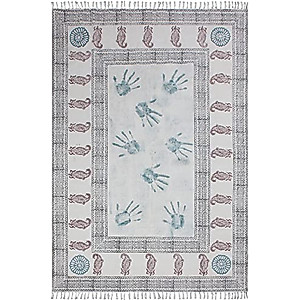 Casavani Hand Block Printed Cotton Dhurrie Bordered Blue & Brown Area Rug Doormat Floor Rug Indoor Area Rugs for Bedroom Living Room Laundry Room 6x8 Feet