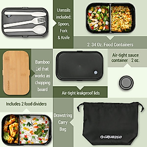 GRUB2GO Premium Bento Lunch Box (Large 68 Oz Capacity) | 2023 Exclusive, 70% Bigger | Includes Bamboo Chopping Board Lid, Carry Bag, 2 Dividers, Utensils, Sauce Container