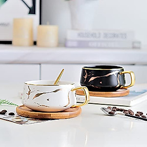 Peohud 2 Pack Ceramic Tea Coffee Cup, 10 OZ Coffee Mug with 304 Stainless Steel Spoon and Bamboo Saucer, Marble Espresso Cups for Latte, Cappuccino, Americano, White and Black