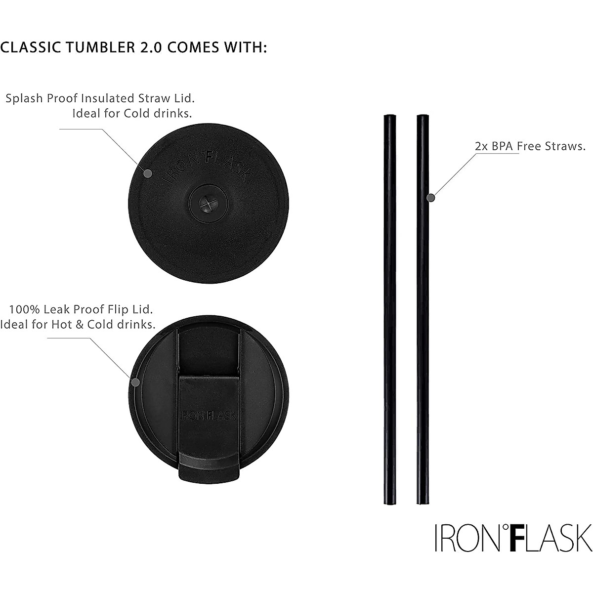 IRON °FLASK Classic Tumbler 2.0-2 Lids (Straw/Flip), Vacuum Insulated Stainless Steel Water Bottle, Double Walled, Thermo Travel Mug - Midnight Black, 20 Oz, Valentines Day Gifts