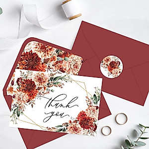Whaline 24Pcs Watercolor Floral Thank You Cards with Envelopes and Stickers Boho Floral Greeting Cards Red Terracotta Flower Blank Note Cards for Party Supplies