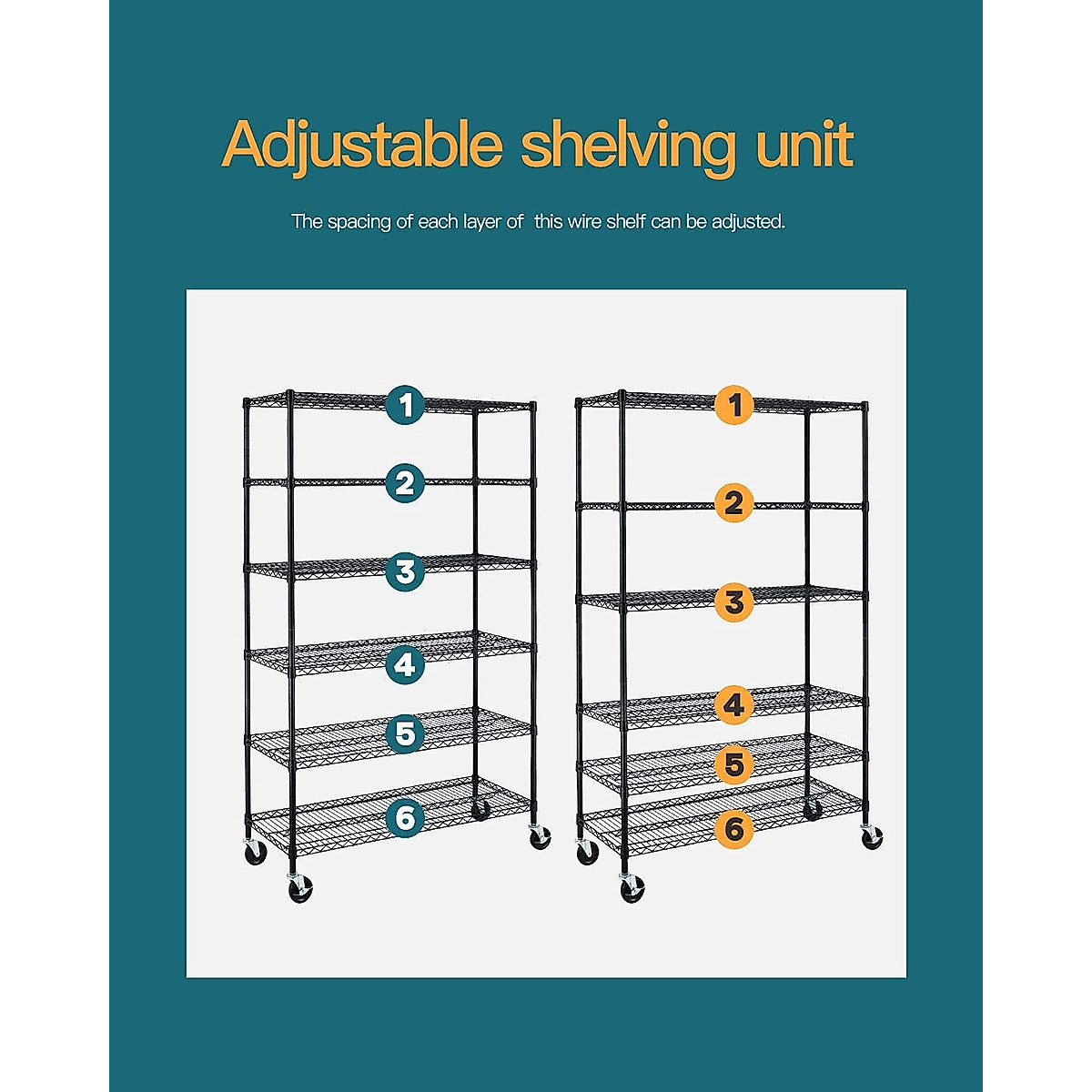 BestMassage Wire Shelving Unit Heavy Duty Garage Storage Shelves Large Metal Shelf Organizer 6-Tier Height Adjustable Commercial Grade Utility Steel Storage Rack with Wheels,18 x 48 x 72 (Black)