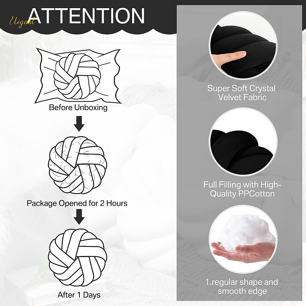 Fumete 2 Pcs Decorative Pillows 14 x 14 Inch Throw Knot Pillow for Couch Bedroom Soft Plush Sofa Ball Handmade Chair Cushion for Living Room Car Decorations (Black)