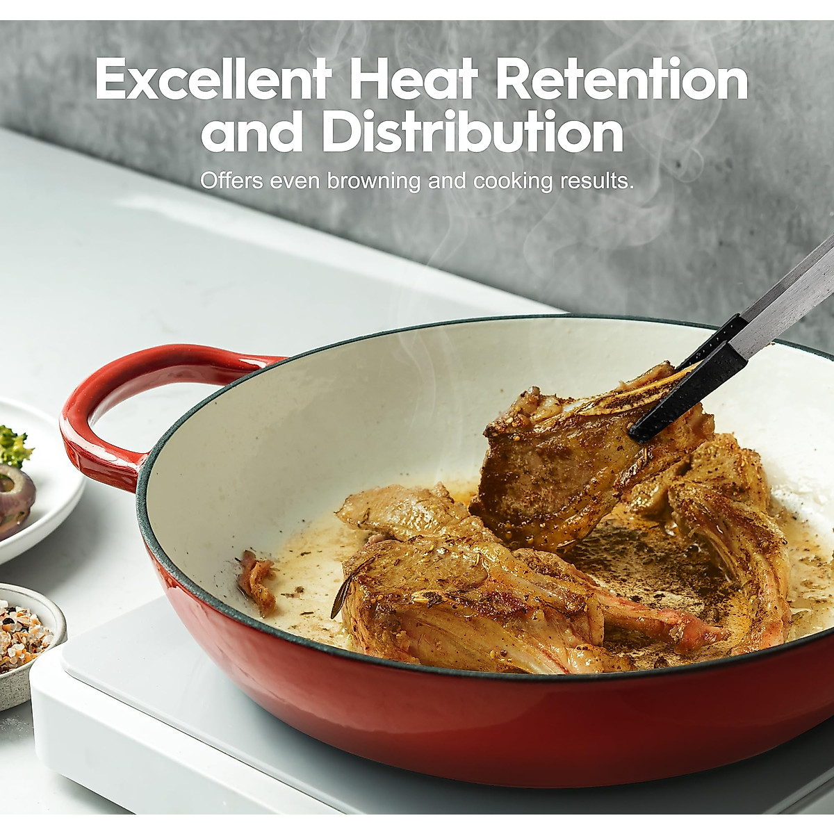 MICHELANGELO Braiser Enameled Cast Iron, 3.5 Quart Braiser Pan with Lid, Nonstick Braiser with Silicone Pads for Heat Insulation, Oven Safe Cast Iron Pan-Cherry Red