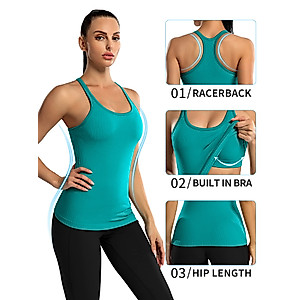 ATTRACO Women Ribbed Workout Tank with Built in Bra Slim Fit Sleeveless Yoga Tops Blue