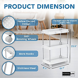 Minmallfe 3 Tier Rolling Cart with Wheels - Rolling Storage Cart as Snack Cart, Utility Cart, Bathroom Storage Shelf, Diaper Cart - Laundry Room Organization and Storage - Cart Organizer (Regular)
