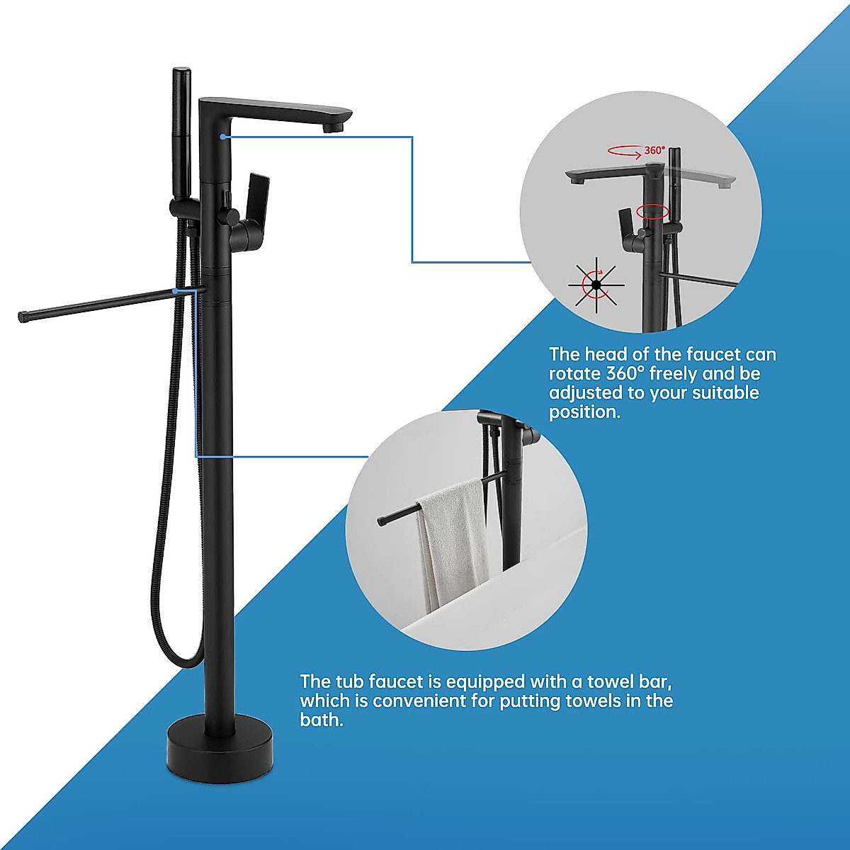 RUMOSE Tub Filler Freestanding Bathtub Faucet with 12.2 Inches Towel Bar Matte Black Floor Mount Tub Faucet Swivel Spout High Flow Bathtub Filler with Handheld Sprayer, Towel Rack