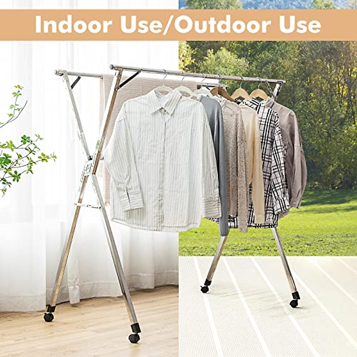 Tangkula Clothes Drying Rack with Wheels, Freestanding Stainless Steel Garment Rack for Laundry, Adjustable and Foldable, No Assembly Need, Space Saving Laundry Drying Rack for Indoor Outdoor