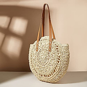 Straw Bag Women Handmade Shoulder Handbag Large Beach Bag Handwoven Round Tote Beige