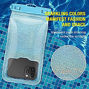 MoKo Waterproof Phone Pouch Holder Floating 2-Pack, IPX8 Glitter Waterproof Case Dry Bag Compatible for iPhone14 13 12 11 Pro Max X/Xr/Xs/8/7/6/SE 3, Galaxy S20/S21, Light Blue & Pink