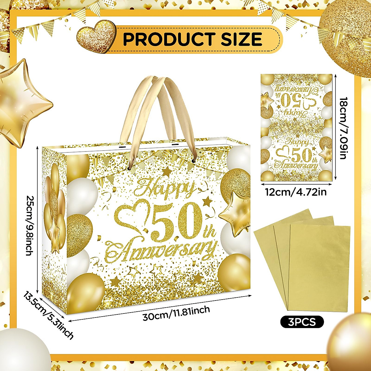 50th Anniversary Paper Gift Bag, White Gold 50th Anniversary Party Gift Bag with Tissue Papers Card 50th Wedding Anniversary Paper Gift Wrapping Bag 50th Golden Wedding Anniversary Christmas Decor