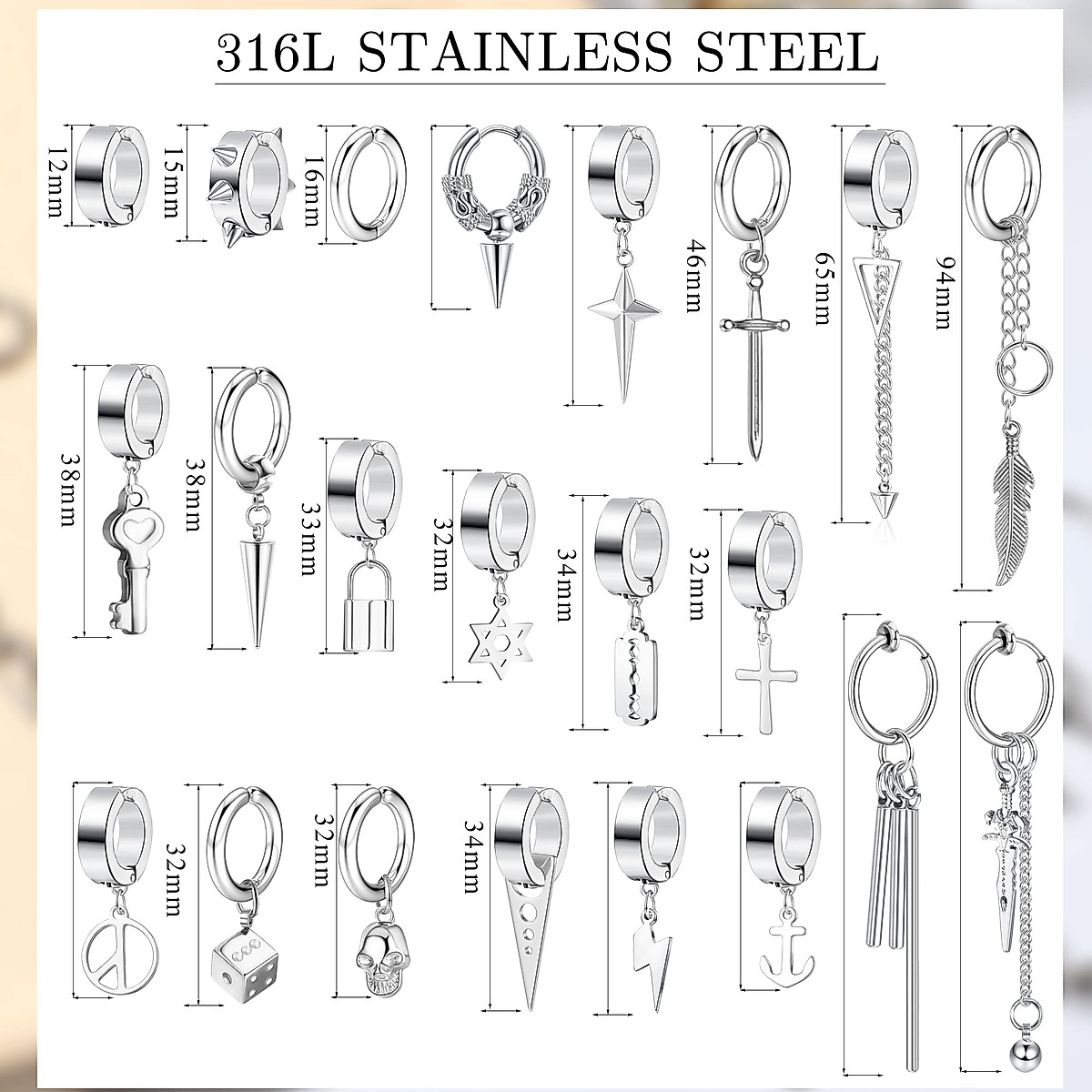 Thunaraz 25 Pcs Clip on Earrings for Men Stainless Steel Cross Chain Dangle Earrings Black Fake Earrings for Men Women Non Pierced Huggie Hoop Earrings Set