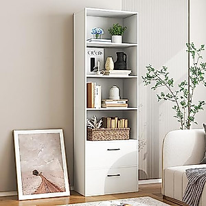 IFANNY 4 Shelf Bookcase with Drawers, Tall Bookshelves and Bookcases, Vertical Bookshelf Tower, Wood Storage Shelves, Modern Book Shelf for Bedroom, Living Room, Home Office