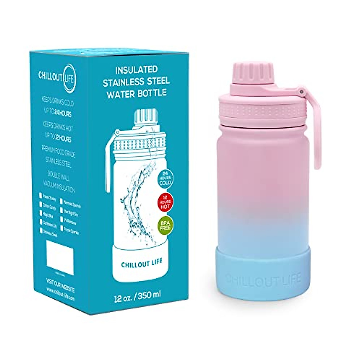 CHILLOUT LIFE 12 oz Kids Insulated Water Bottle for School with Leakproof Spout Lid and Cute Waterproof Stickers, Personalized Stainless Steel Thermos Flask Metal Water Bottle For Girls & Boys