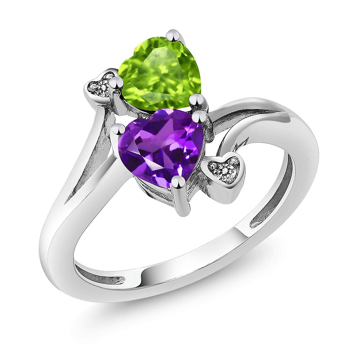 Gem Stone King 10K White Gold Heart Shape Purple Amethyst Green Peridot and White Diamond Accent Ring For Women (1.51 Cttw, Gemstone Birthstone, Available In Size 5, 6, 7, 8, 9)