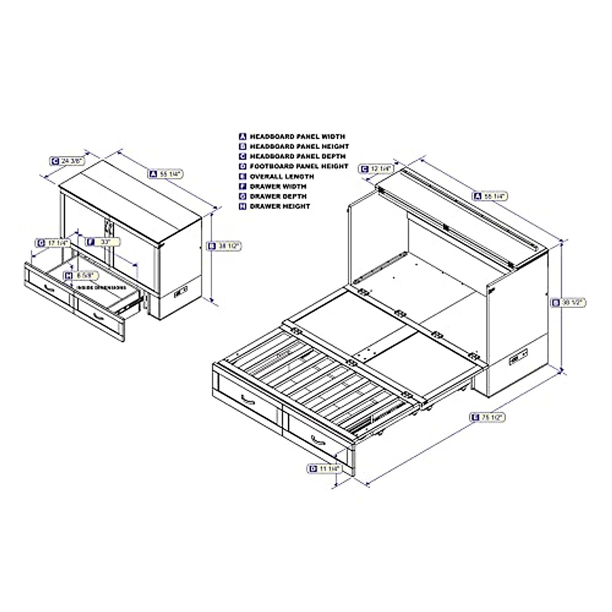 AFI, Hamilton Murphy Bed Chest with 6 inch Memory Foam Folding Mattress, Built-in Charging Station and Storage Drawer, Full, Grey