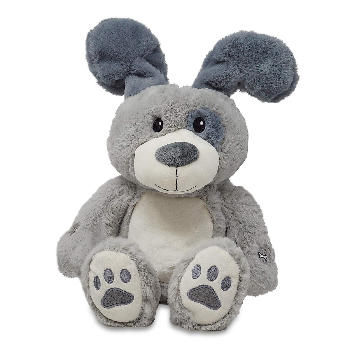 Cuddle Barn | Peek & Play Parker 11" Gray Puppy Animated Stuffed Animal Plush Toy | Plays Every Kids Favorite and First Game Peek A Boo | and Sings Peek A Boo Song