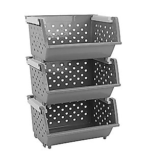Ggbin 3-Pack Plastic Stackable Storage Bins, Gray Multi-functional Stacking Basket